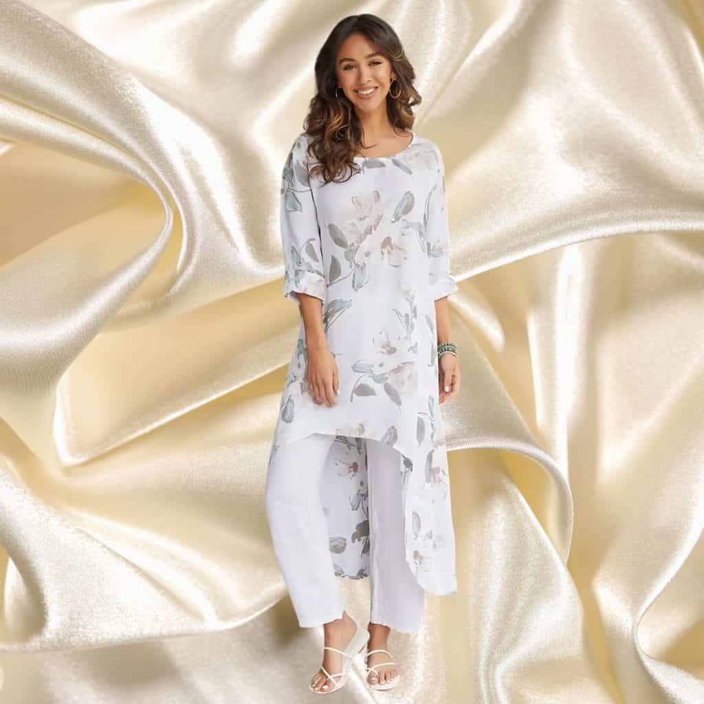 Linen Tunic Top Dress Floral Print High Low Quarter Sleeves – Sowing ...